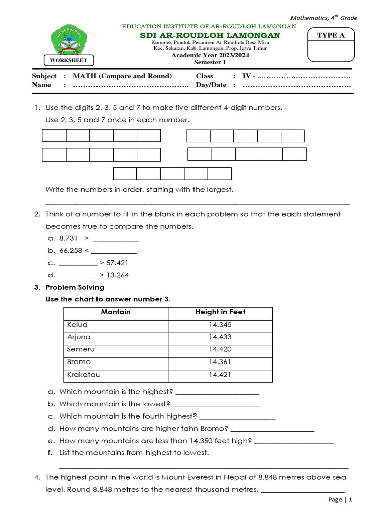 Chapter 2 Compare and Rounding (Soal) | PDF | Mountains | Mathematics
