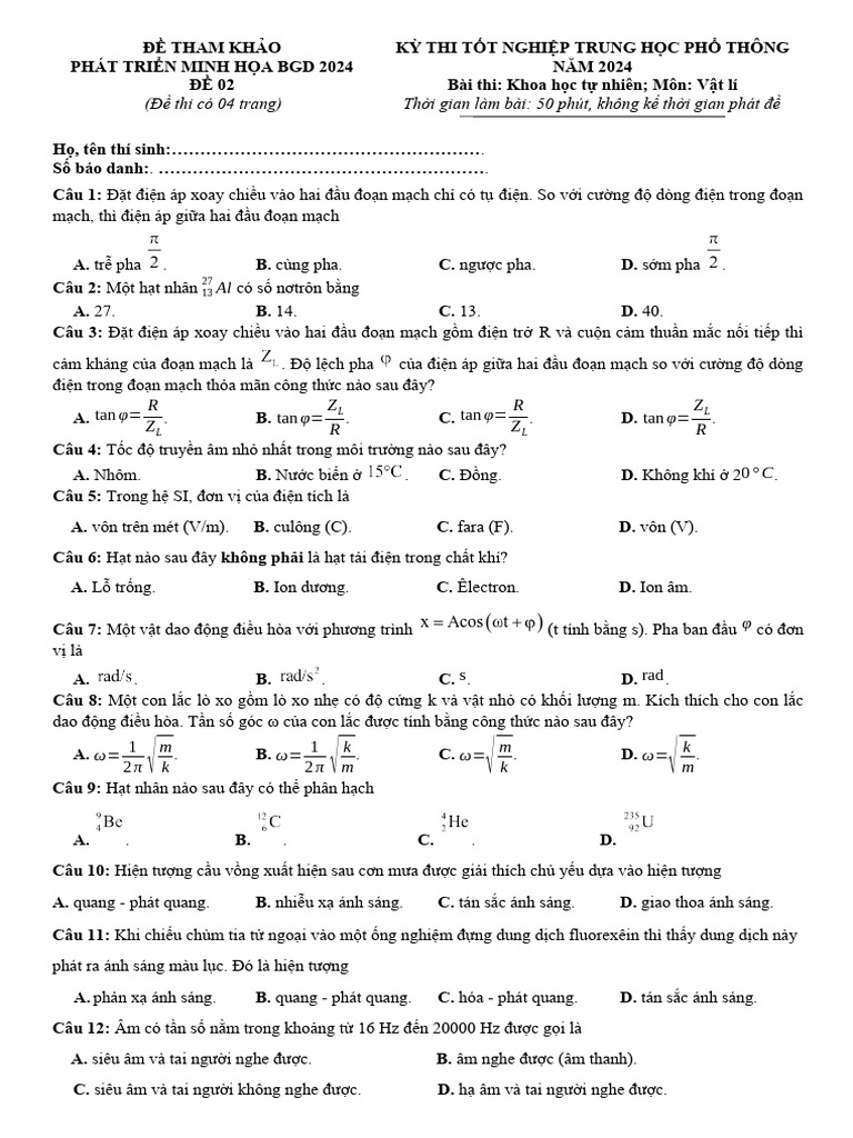 2. Đề Vip2 - Phát Triển Đề Minh Họa Vật Lý 2024 | PDF