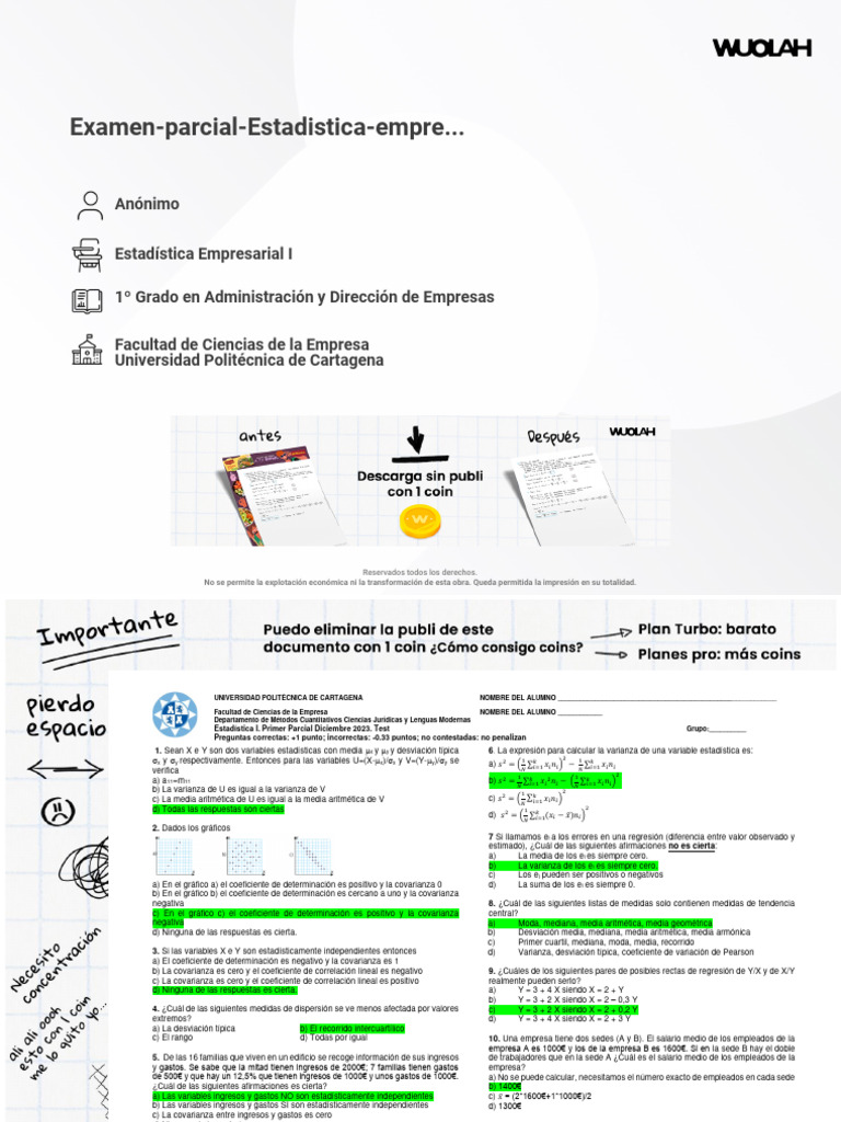 Wuolah Free Examen Parcial Estadistica Empresarial DICIEMBRE 2023 Soluciones | PDF | Coeficiente ...