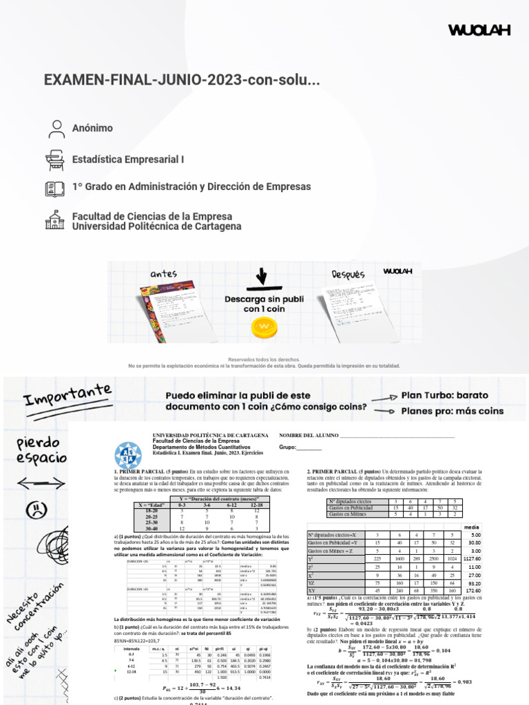 Wuolah Free EXAMEN FINAL JUNIO 2023 Con Soluciones | PDF | Coeficiente de determinación ...