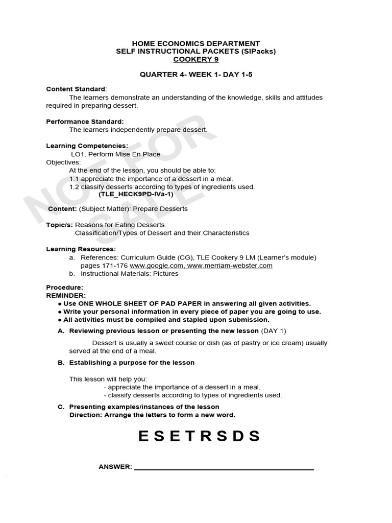 Week 1 Module Grade 9 Cookery | PDF | Pudding | Desserts