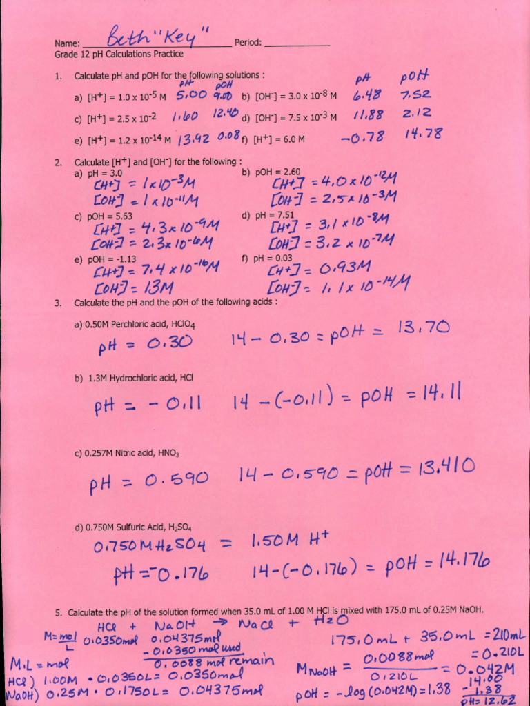 PH Calculations Grade 12 Key | PDF | Ph | Chemical Substances