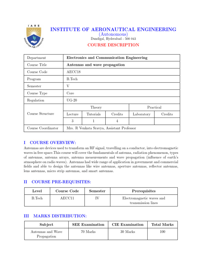 Institute of Aeronautical Engineering (Autonomous) : Course Description | PDF | Antenna (Radio ...