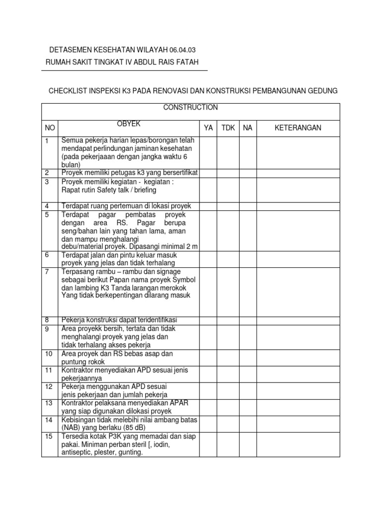 Checklist Inspeksi K3 Pada Renovasi Dan Konstruksi Pembangunan Gedung | PDF