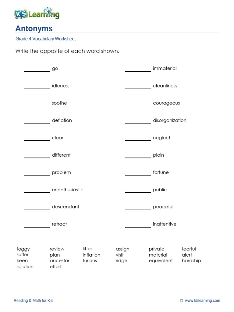 Grade 4 Antonyms Vocabulary Worksheet | PDF