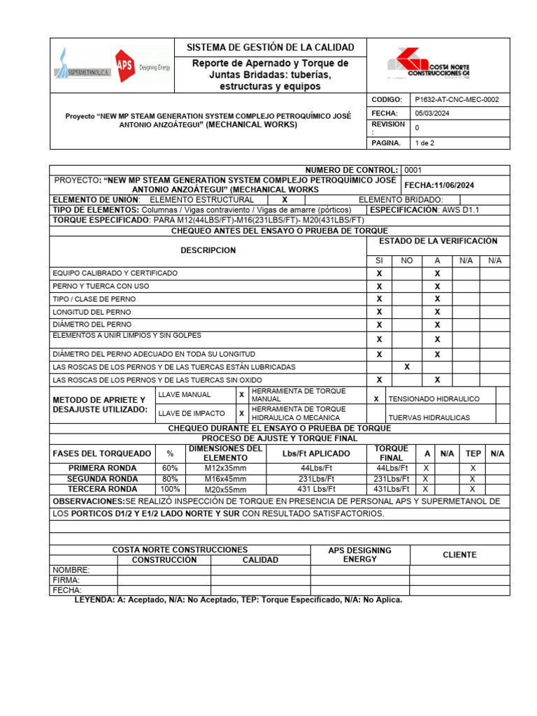 P1632-At-Cn-Mec-0002 Reporte de Apernado y Torque 0001 | PDF | Tornillo