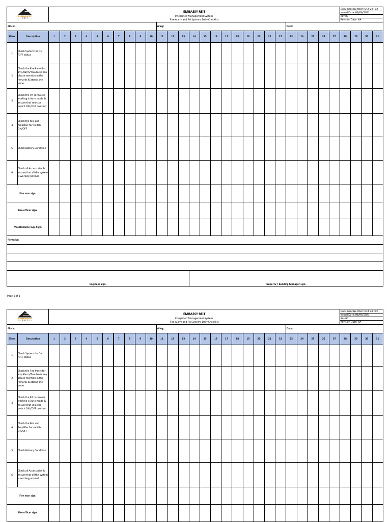 Daily Fire Alarm & PA System Checklist | PDF