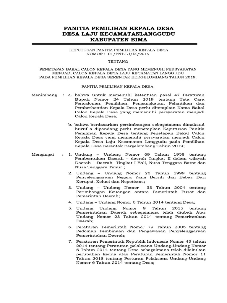 Contoh Keputusan Panitia TTG Penetapan Calon Kades-2019 | PDF