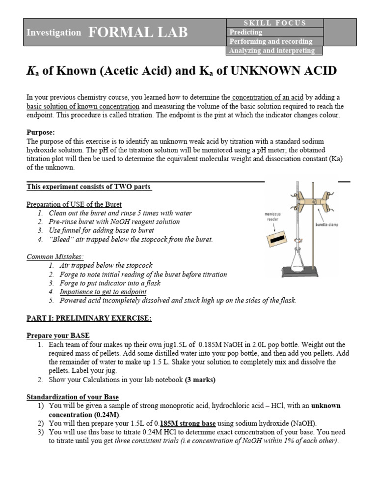 Titration Standardize Your Base and Use It To Determine Ka of Unkown ...