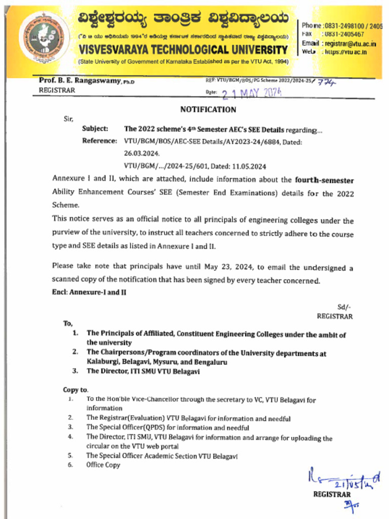 Notification 774 The 2022 Schemes 4th Semester AECs SEE Details | PDF
