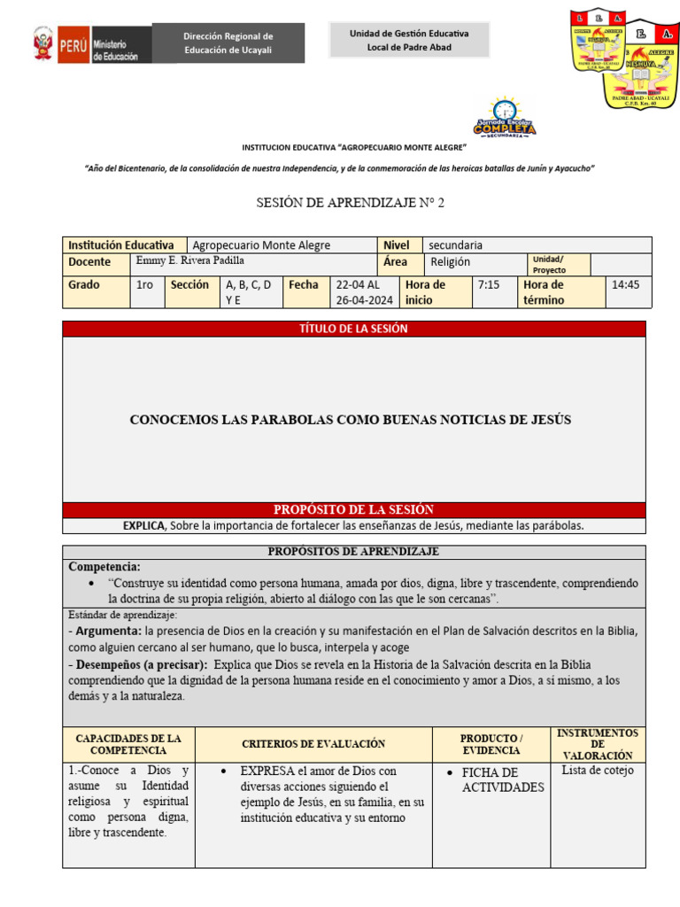 Sesión de Aprendizaje N2 22-04 | PDF | Maestros | Aprendizaje