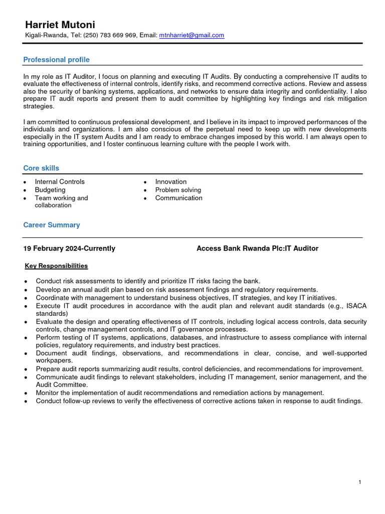 CV-Harriet Mutoni | PDF | Audit | Internal Control