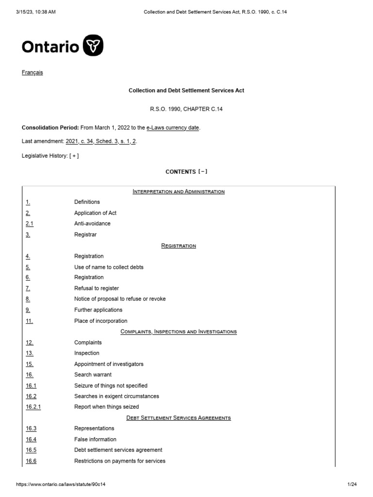Collection and Debt Settlement Services Act, R.S.O. 1990, C. C.14 | PDF ...