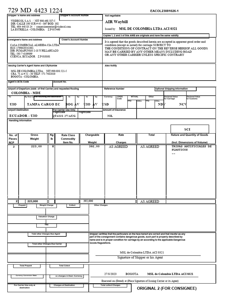 AIR Waybill: EACOL23081026-1 | PDF | Supply Chain Management