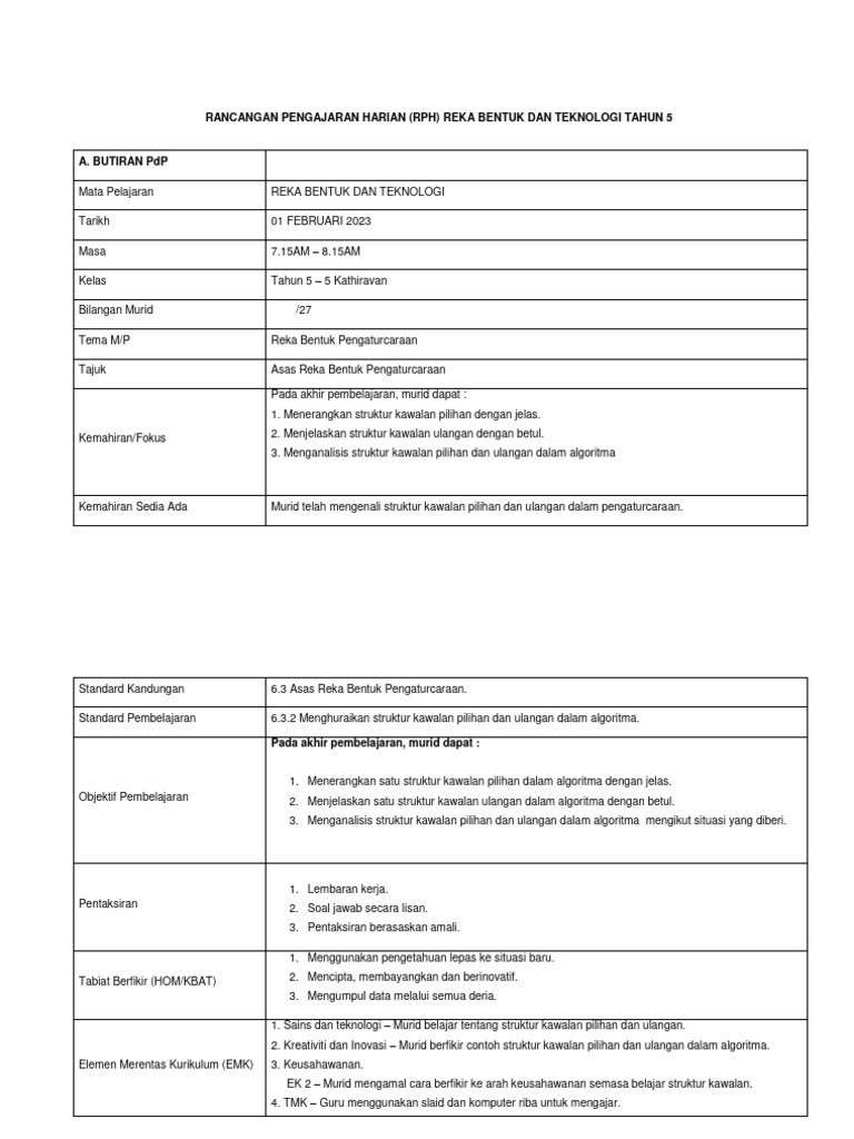 RPH Tahun 5 01 Feb 2023 | PDF