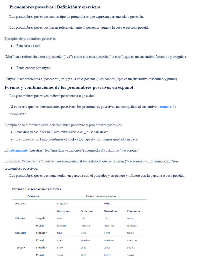 Pronombres Posesivos - Definición y Ejercicios | PDF | Sustantivo ...