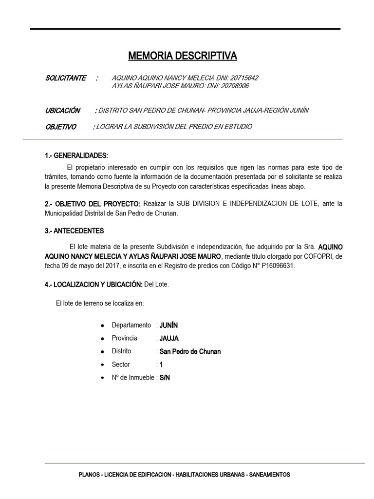 MEMORIA DESCRIPTIVA SAN PEDRO DE CHUNAN Lote 2 | PDF