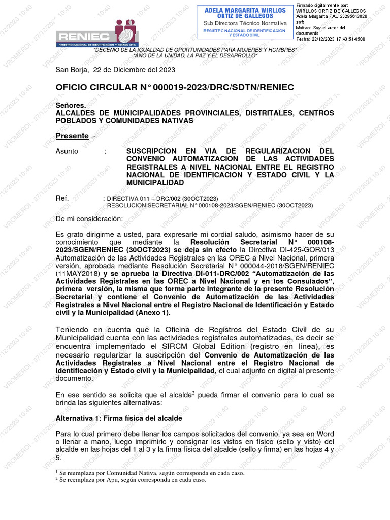 R26750.63822#OFICIO CIRCULAR-San Borja-000019-2023-DRC - SDTN - RENIEC-2023-12-22-A | PDF | Perú