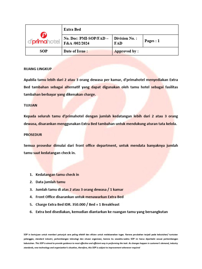 FAD - SOP Pro Extra Bed | PDF