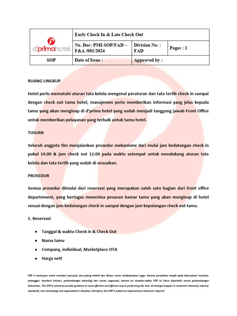 FAD - SOP Pro Early Check in & Late Check Out | PDF