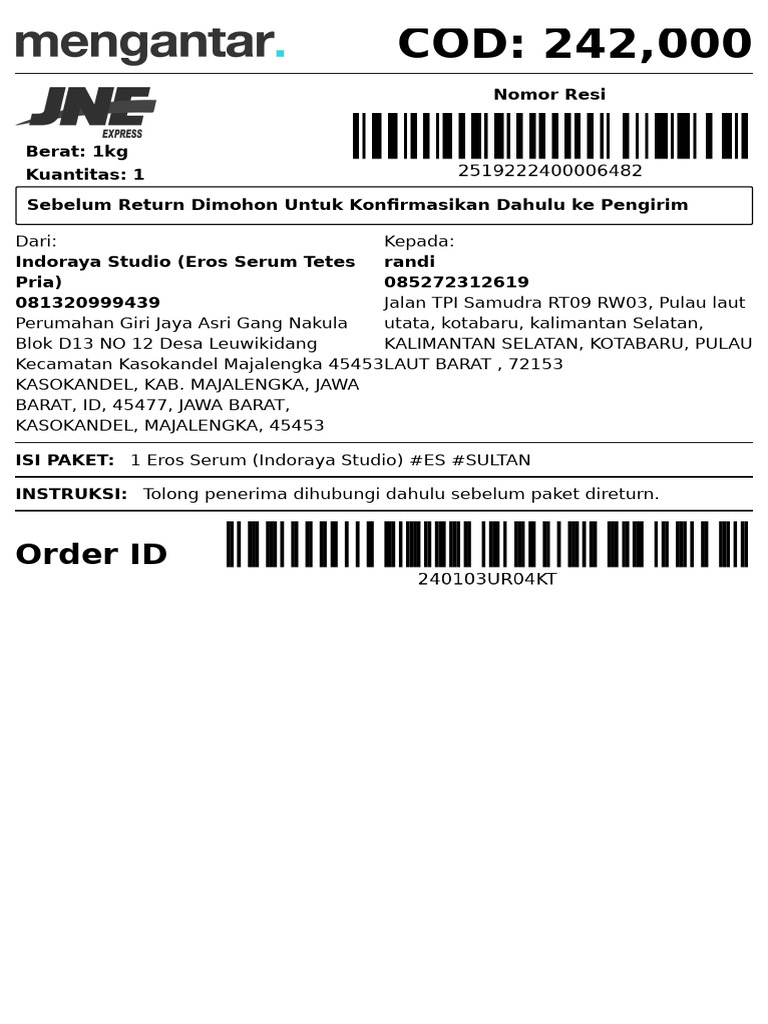 3 Januari 2024 (1 Resi Jne, 4 Resi Sap, 1 Resi Idexpress, 4 Resi J&T Eros Serum) | PDF