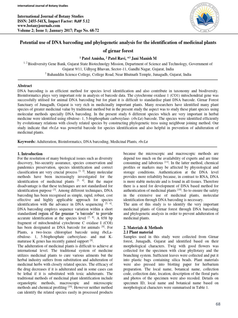 Potential Use of DNA Barcoding and Phylogenetic Analysis For The Identification of Medicinal ...