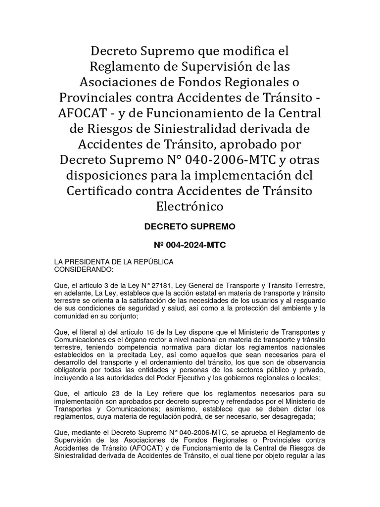Decreto Supremo Que Modifica El Reglamento de Supervisión de Las ... Decreto Supremo Que Modifica El Reglamento de Supervisión de Las ...