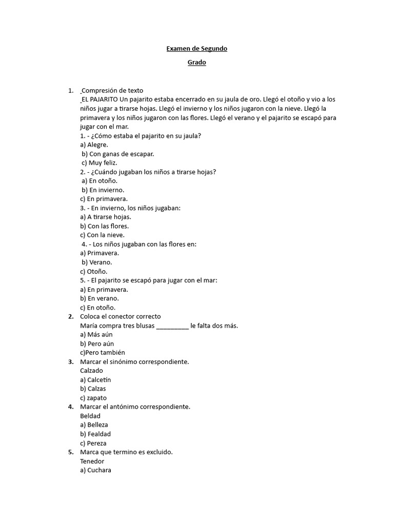 Examen de Comprensión para Segundo Grado | PDF