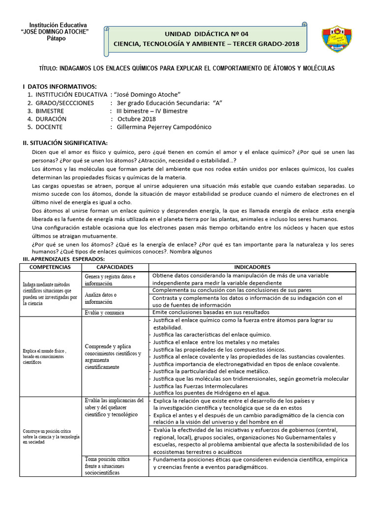 Unidad 4 Cyt3-Indagamos Los Enlaces Químicos para Explicar El ...