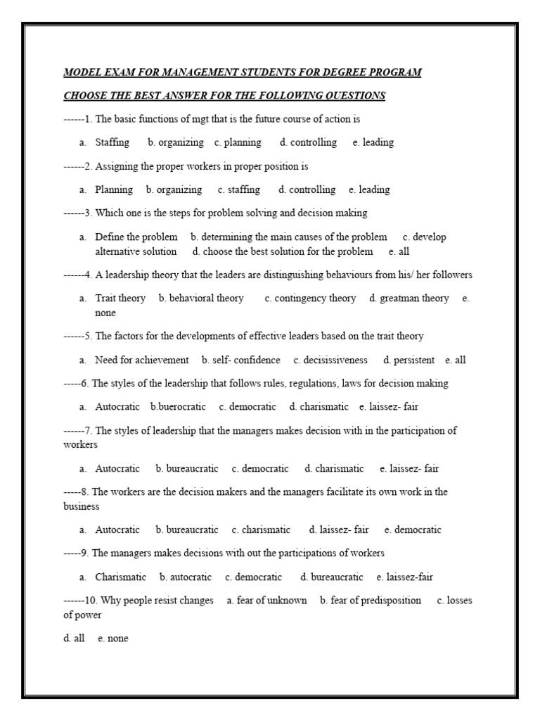 Model Exam MGT?? | PDF | Performance Appraisal | Leadership