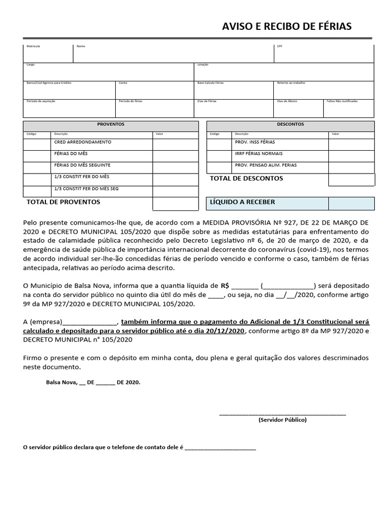 Aviso e Recibo Ferias Modelo | PDF | Férias trabalhistas | Business