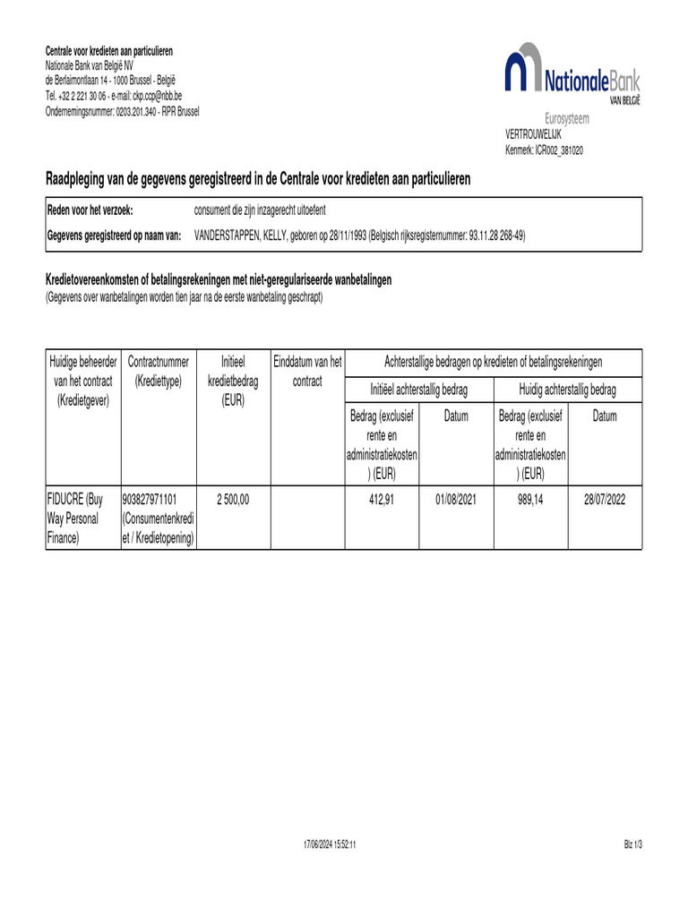 Raadpleging Van de Gegevens Geregistreerd in de Centrale Voor Kredieten ...