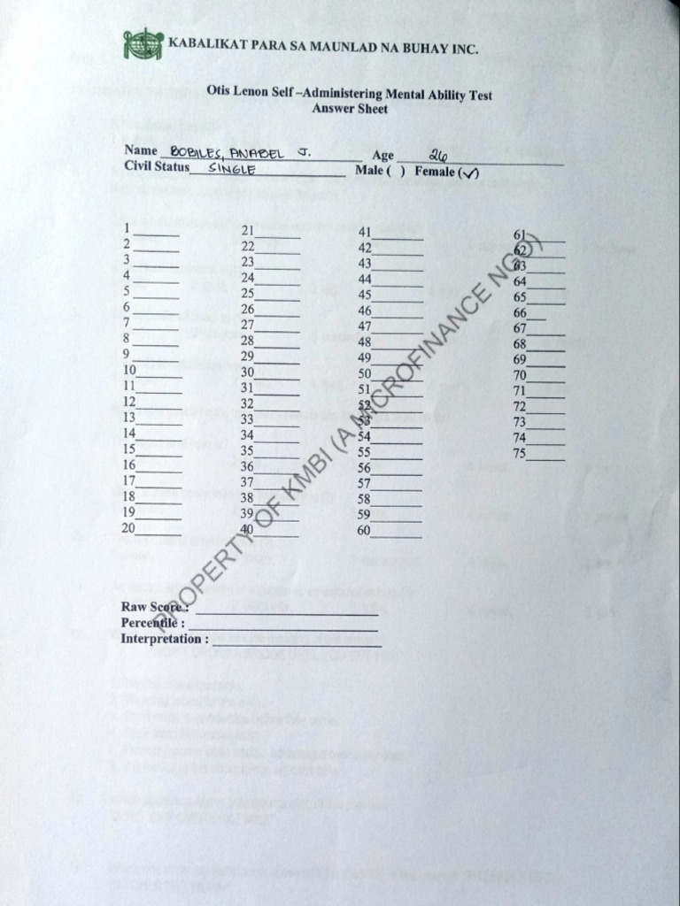 Mental Ability Test Answer Sheet | PDF