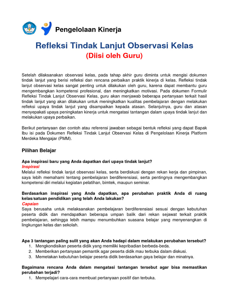 Refleksi Tindak Lanjut Observasi Kelas | PDF