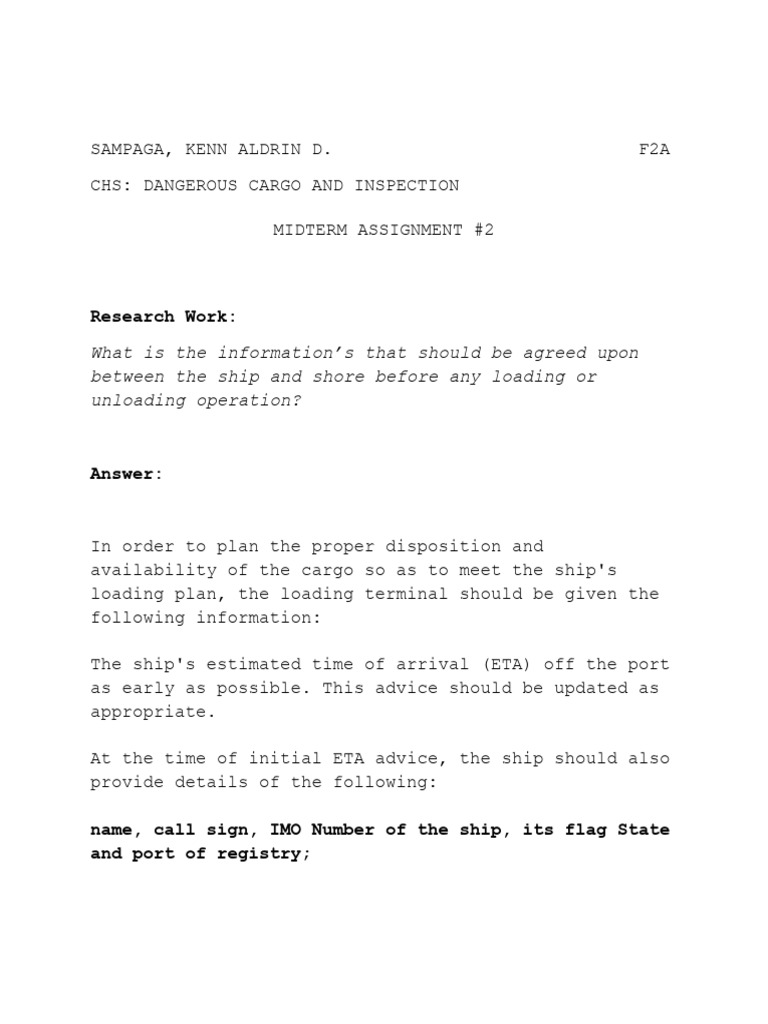 Midterm Assignment#2, Sampaga, Kenn Aldrin, F2A | PDF | Ships | Cargo