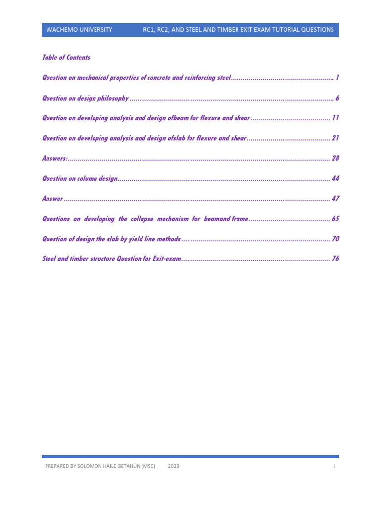 RC1, RC2 and Steel and Timber Exit Exam Tutorial Questions | PDF | Bending | Strength Of Materials