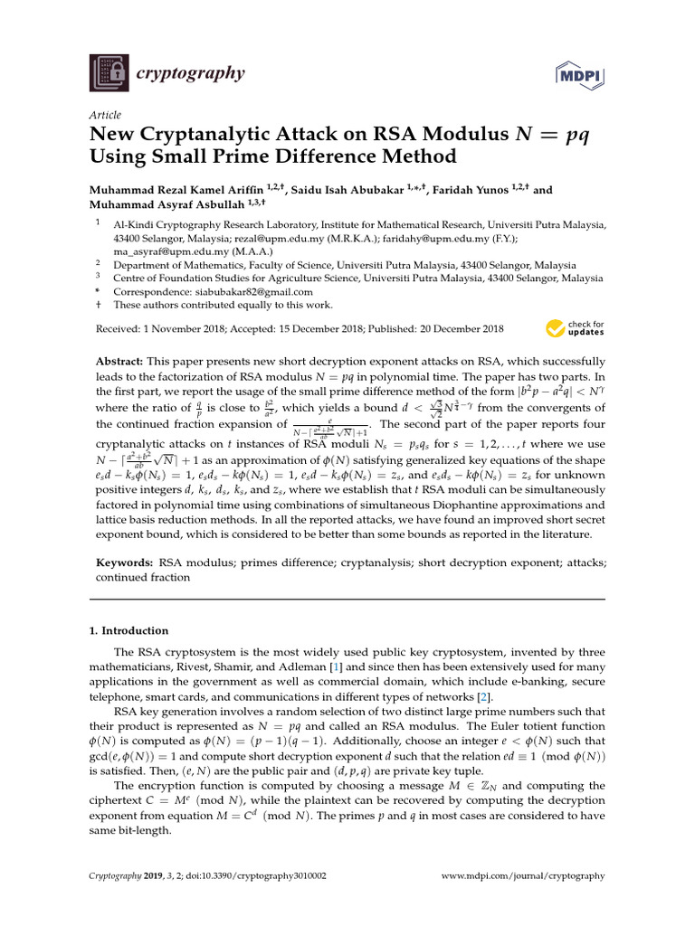 New Cryptanalytic Attack On RSA Modulus N PQ Using Small Prime Difference Method | PDF ...