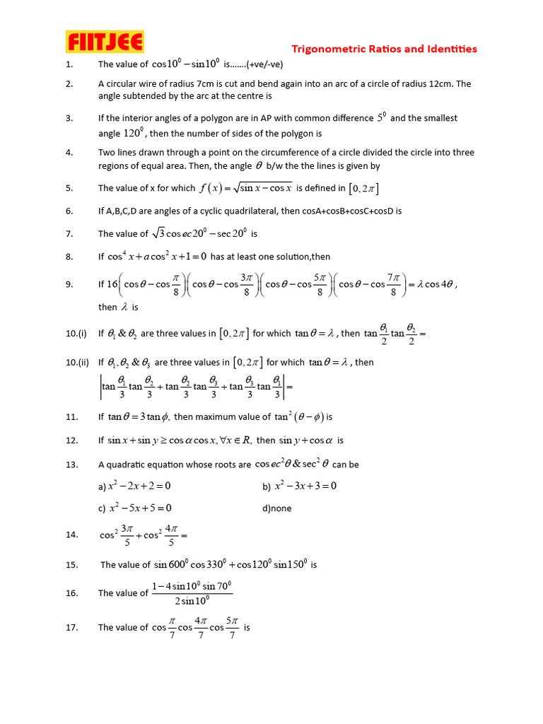 Trigonometry Practice Sheet | PDF | Circle | Trigonometric Functions