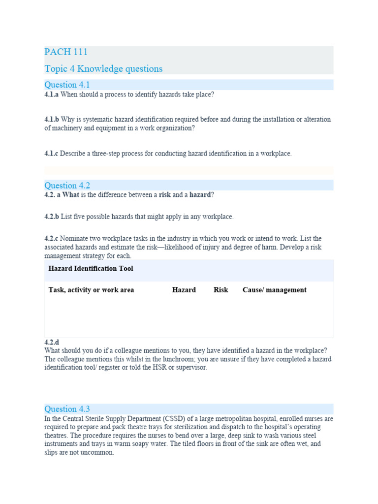 Pach 111 Topic 4 Assessment Task | PDF | Risk | Hazards