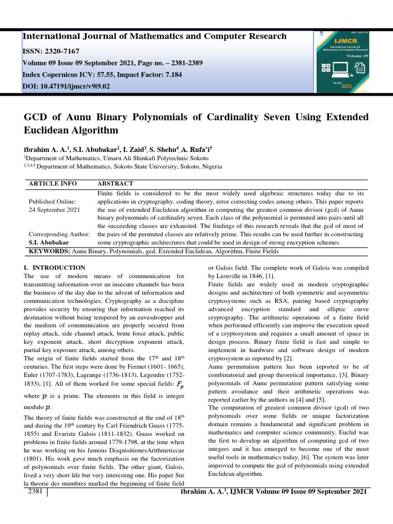 GCD of Aunu Binary Polynomials of Cardinality Seven Using Extended Euclidean Algorithm | PDF ...