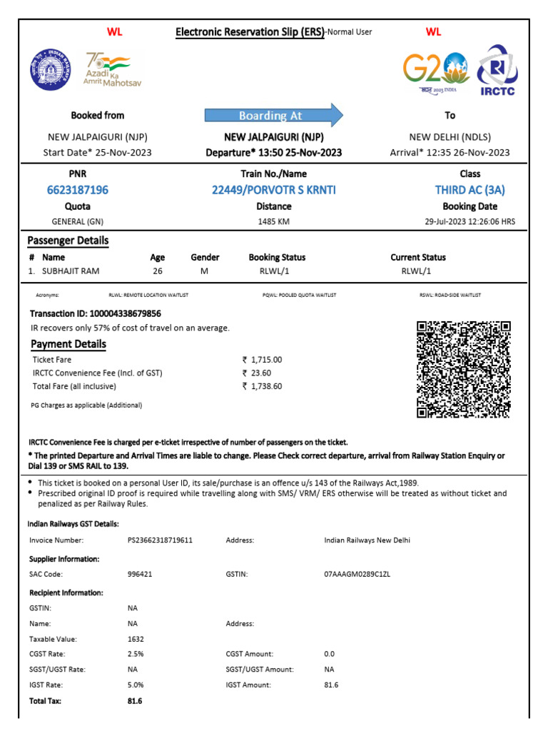 22449/porvotr S Krnti Third Ac (3A) : WL WL | PDF | Identity Document ...