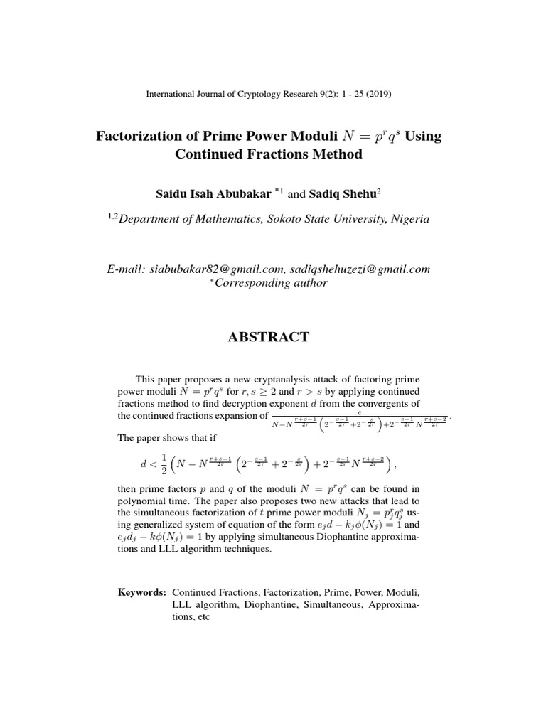 Factorization of Prime Power Moduli N P R Q S Using Continued Fractions Method | PDF ...