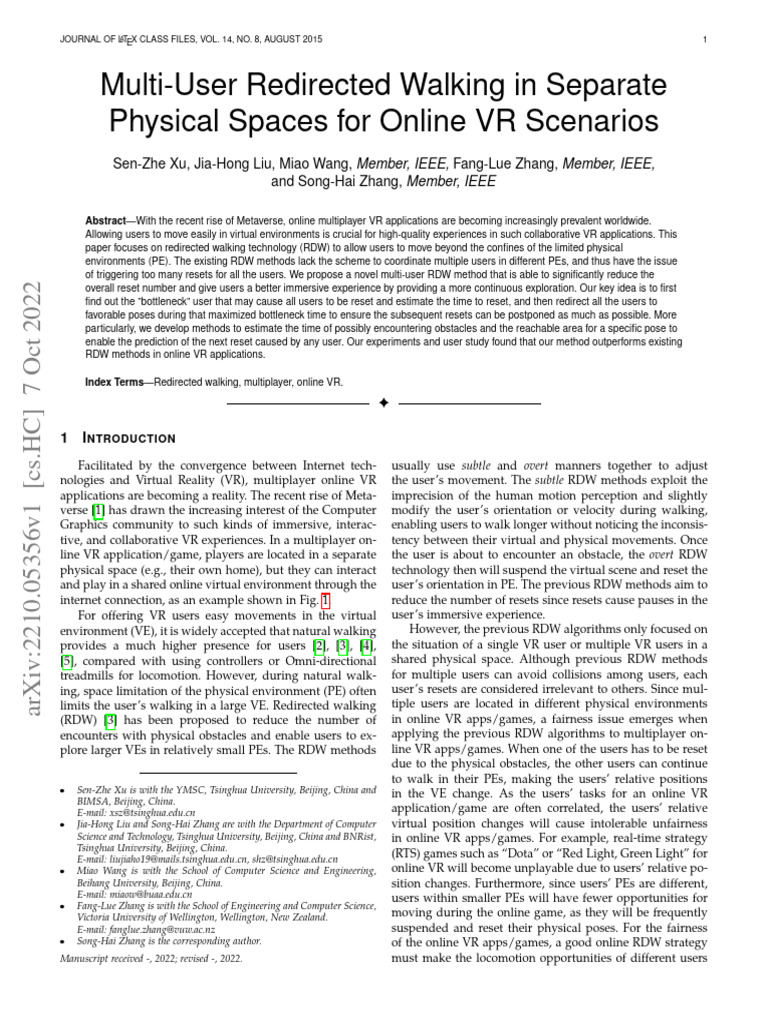 Multi-User Redirected Walking in Separate Physical Spaces For Online VR ...