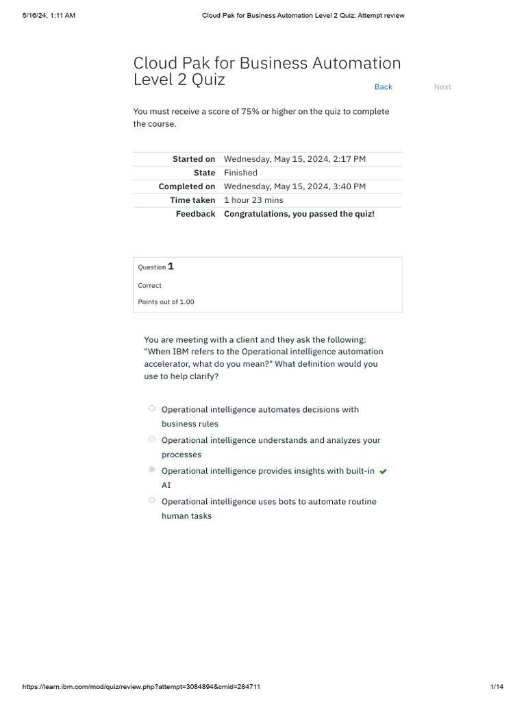 Cloud Pak For Business Automation Level 2 Quiz - Attempt Review | PDF | Automation | Cloud Computing