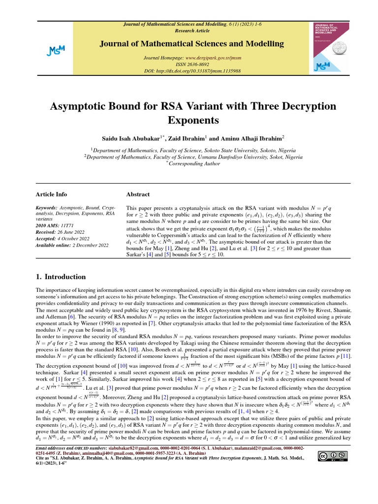 Asymptotic Bound For RSA Variant With Three Decryption Exponents | PDF | Espionage Techniques ...