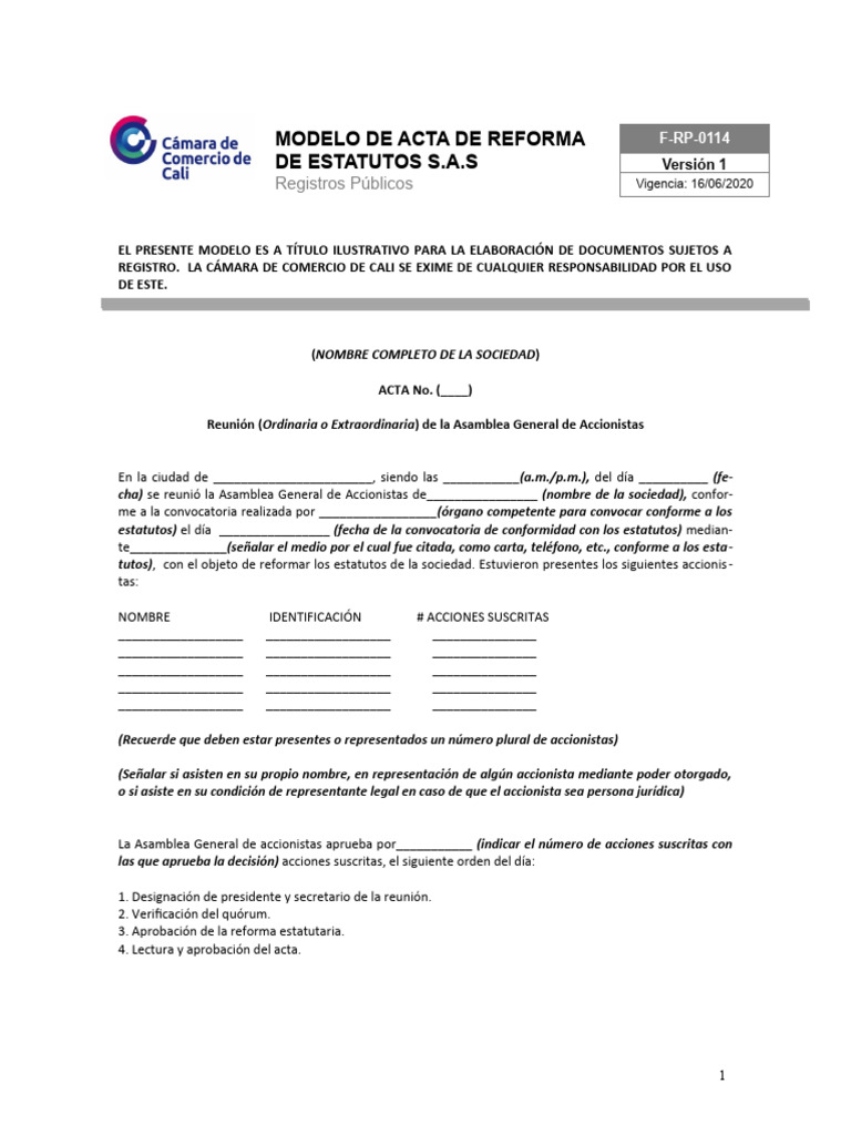 Modelo de Acta de Reforma de Estatutos S.a.S. | Descargar gratis PDF ...