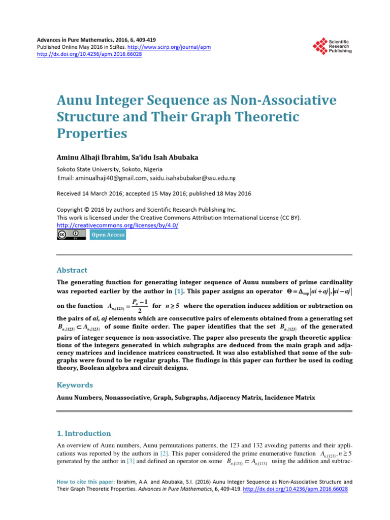 Aunu Integer Sequence As Non-Associative Structure and Their Graph ...
