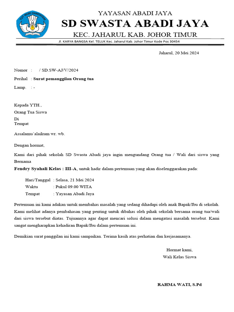 Surat Pemanggilan Orang Tua APLOT | PDF