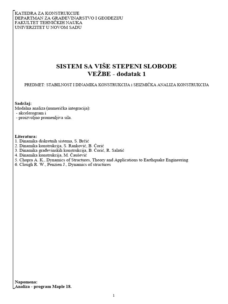 MDOF - Dodatak Za Vezbe - 1 | PDF