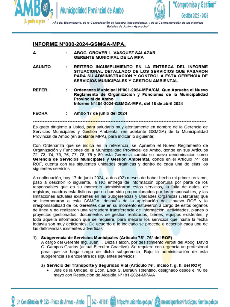 Informe N°000-2024 Reitero Incumplimiento Entrega de Cargo y Estado Situacional de Los Servicios ...